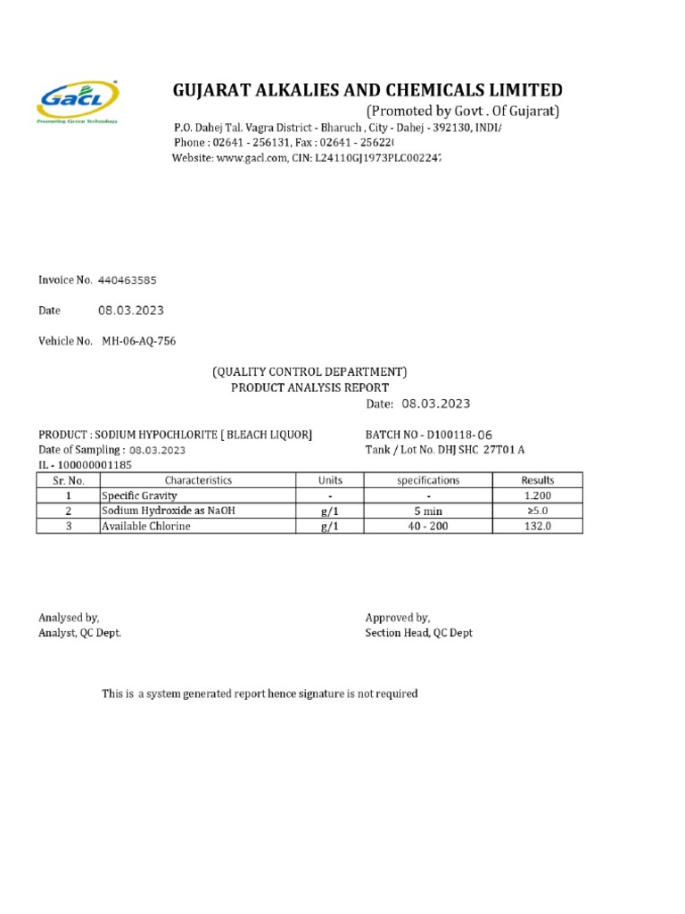 Sodium Hypochlorite COA Mar 23 | PDF