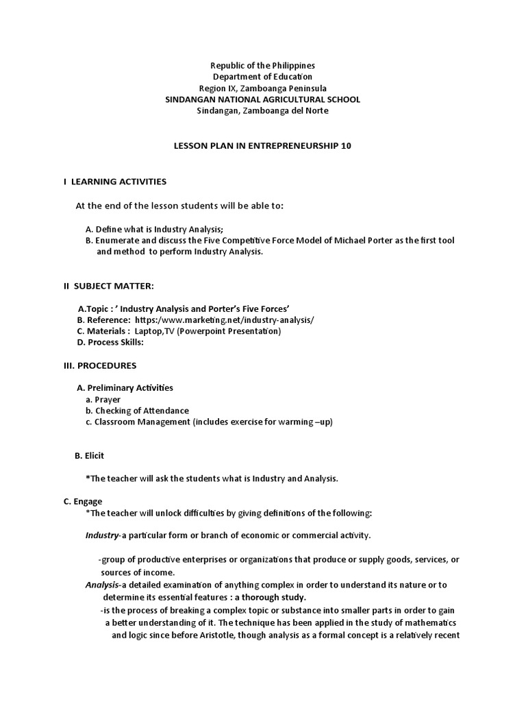 4 Lesson Plan in Industry Analysis, ENTREP 10 | PDF | Analysis | Business