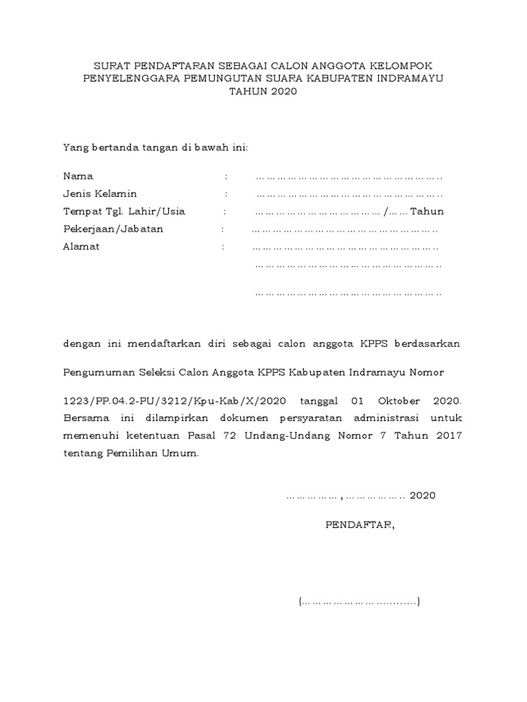 1 Form Surat Pendaftaran Calon Anggota Kpps Bener Pdf