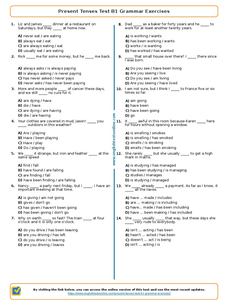 Present Tenses Test B1 Exercises | PDF