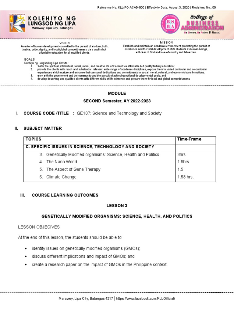 Module on Genetically Modified Organisms: Analyzing the Science, Health Impacts, and Politics of ...