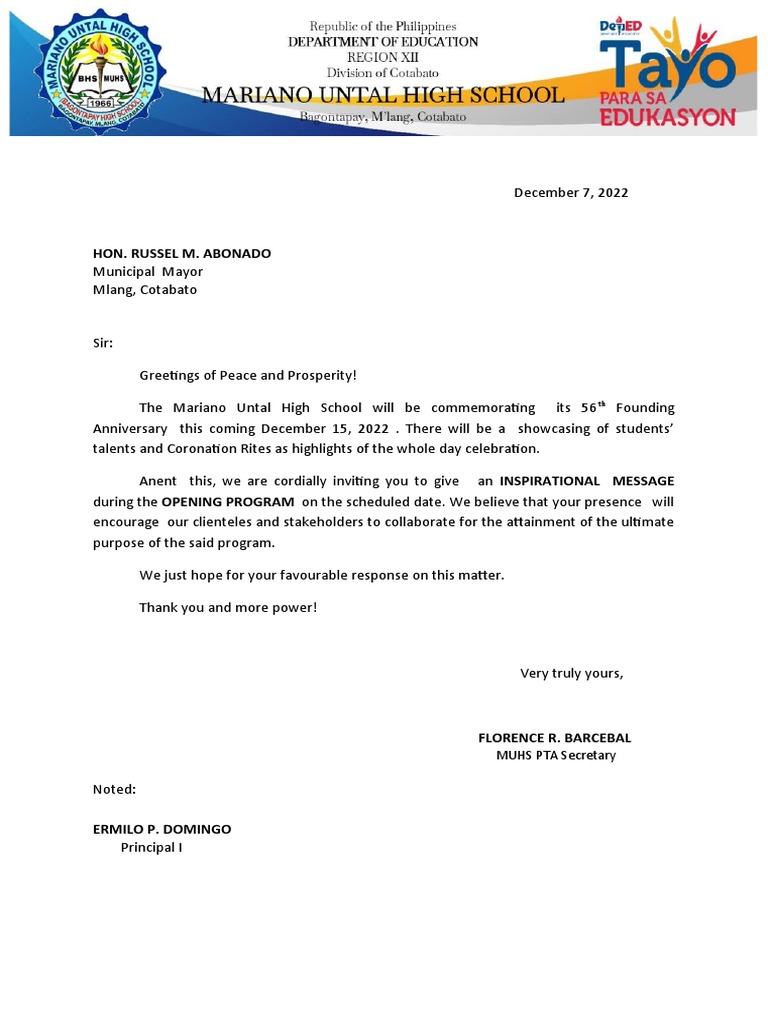 Foundation Letter To Guest Speaker | PDF