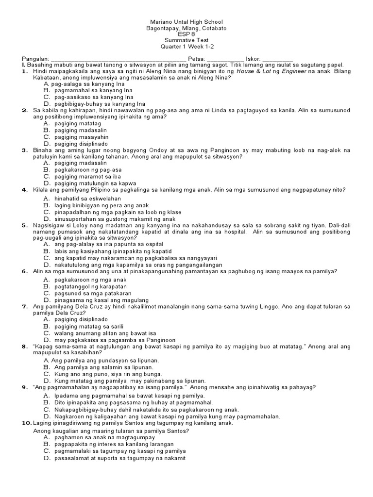 Esp-Summative Test | PDF Esp-Summative Test | PDF