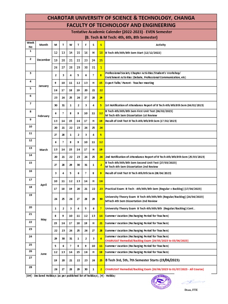 4th, 6th, 8th Sem - B Tech & M Tech - EVEN SEM Academic Calendar 2022 - 2023 (Dec-Jan - June) | PDF