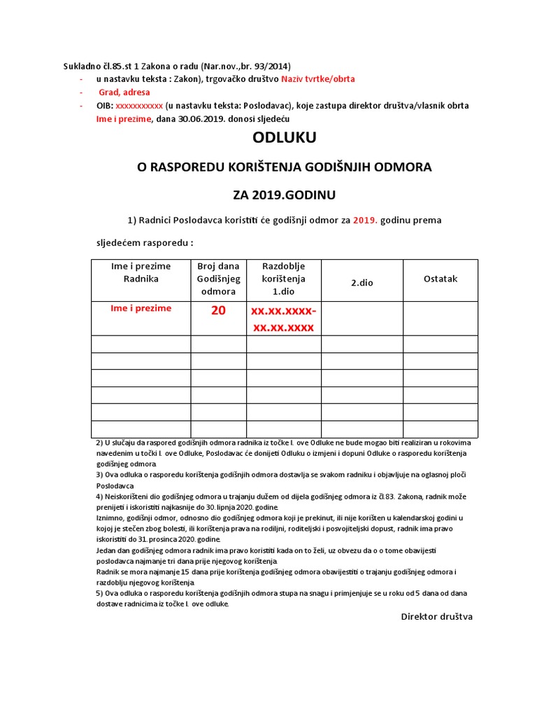 Odluku: O Rasporedu Korištenja Godišnjih Odmora ZA 2019.GODINU | PDF