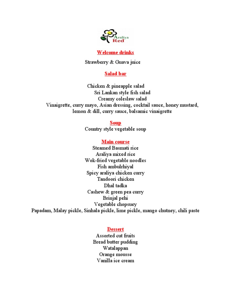 A Culinary Feast: Menu for Sri Lankan Style Buffet Including Appetizers ...
