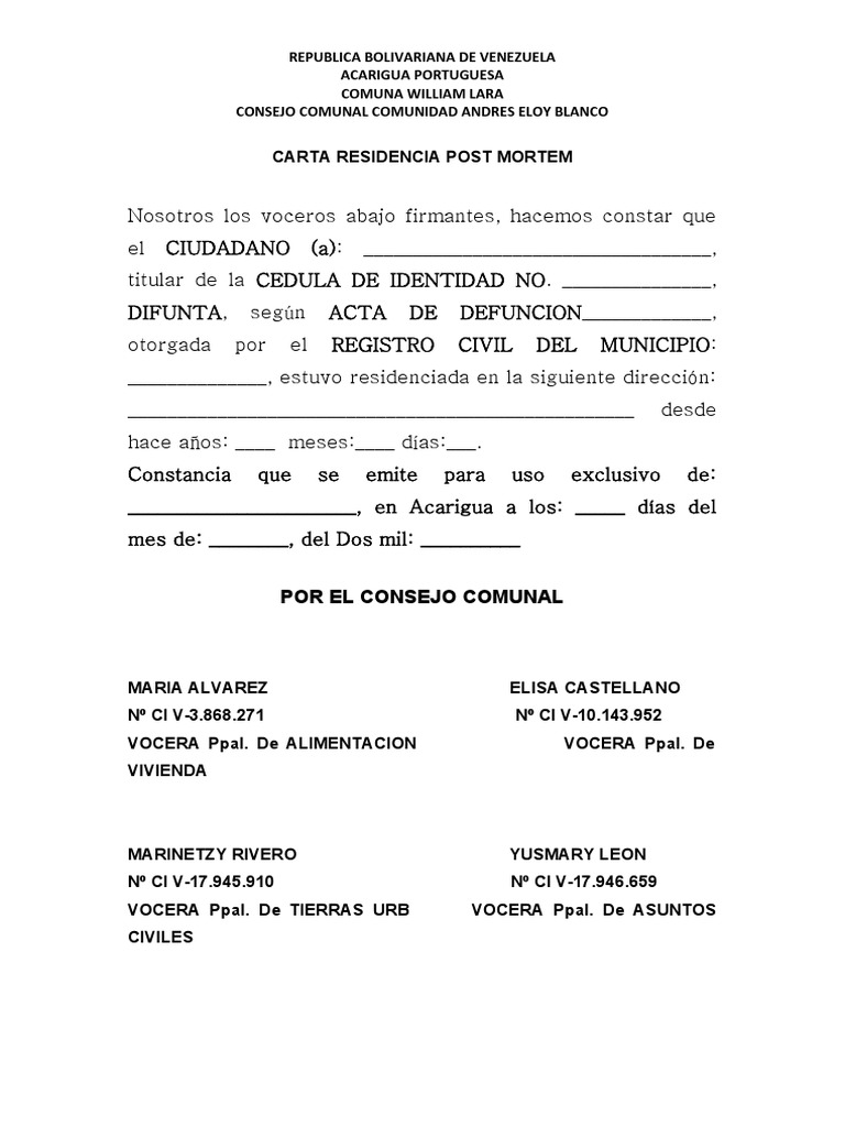 Carta Residencia Post Mortem | PDF