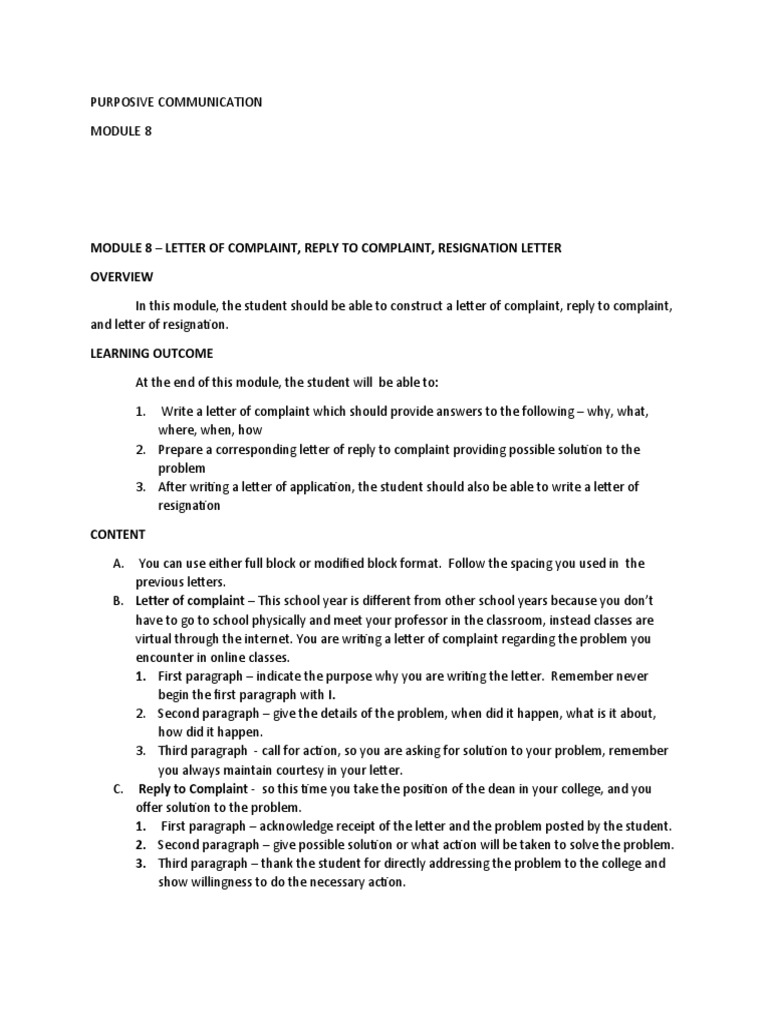 PCOM-Module 8-Midterm-Letter of Complaint With Reply and Resignation Letter | PDF | Cognition ...