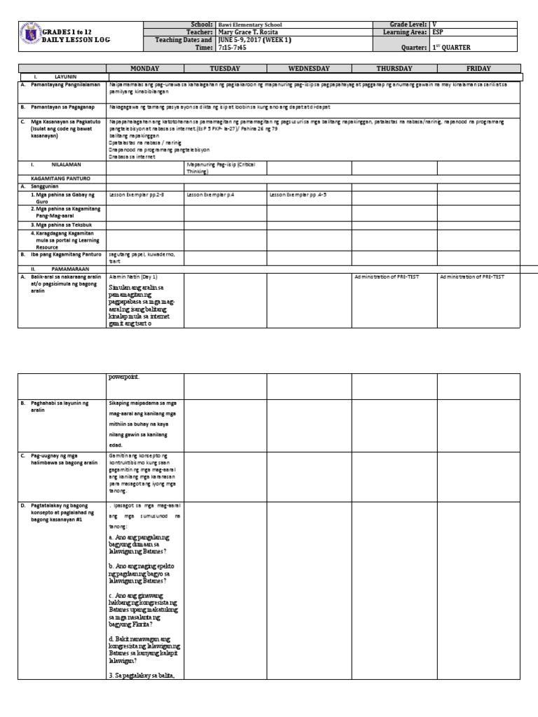 DLL - ESP 5 - Q1 - Week 1 | PDF