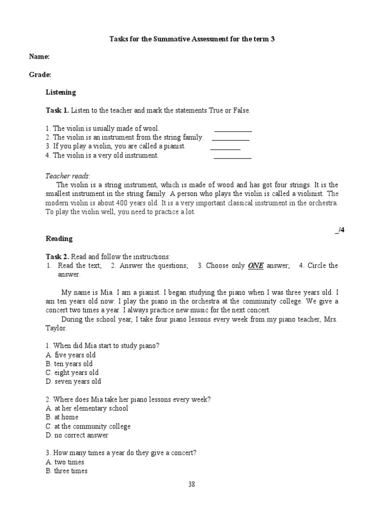 Tasks For The Summative Assessment For The Term 3 Name: Grade: Listening Task 1. Listen To The ...