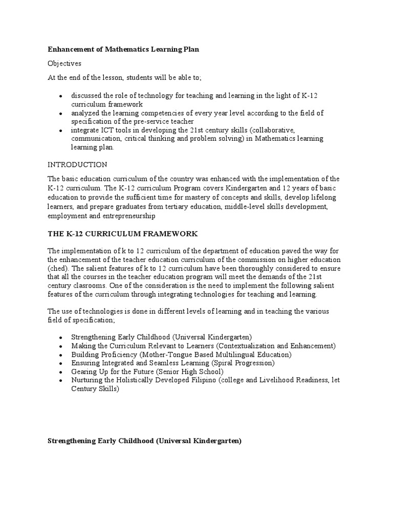 Enhancement of Mathematics Learning Plan | PDF | Curriculum | Teachers