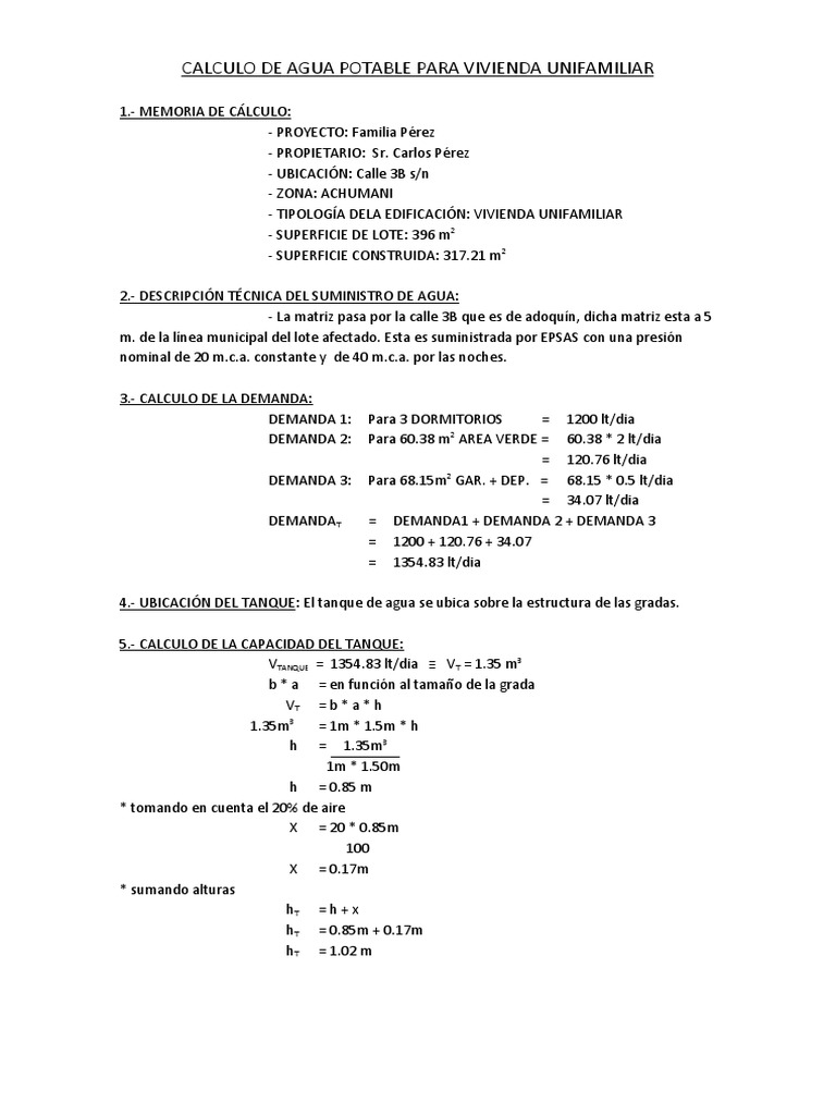 Calculo de Agua Potable para Vivienda Unifamiliar | PDF ...