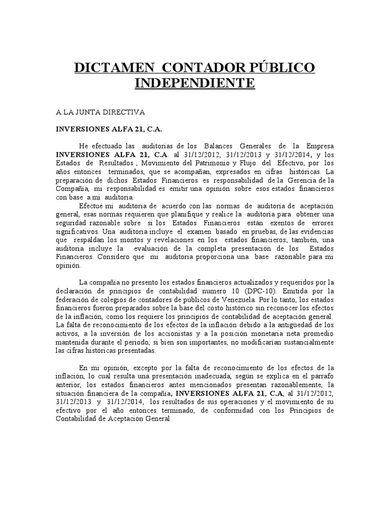 Dictamen Contador Público Independiente | PDF | Auditoría | Contabilidad