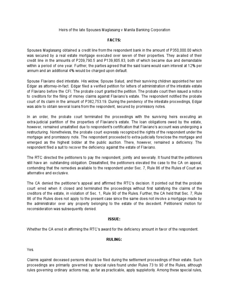 Heirs of The Late Spouses Maglasang V Manila Banking Corporation | PDF ...