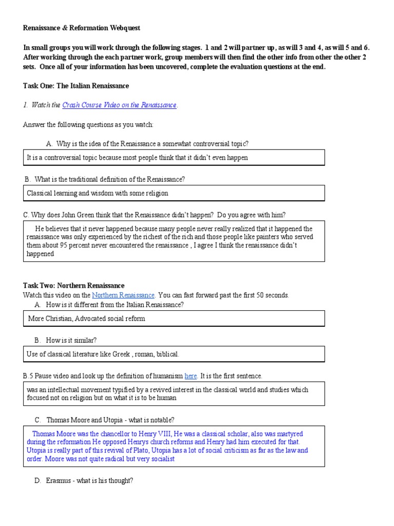 Renaissance & Reformation Webquest (1) (Worked On) | PDF ...