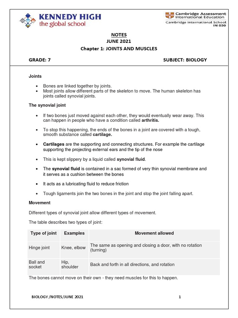 Grade-7 Joints and Muscles Notes | PDF | Human Anatomy ...