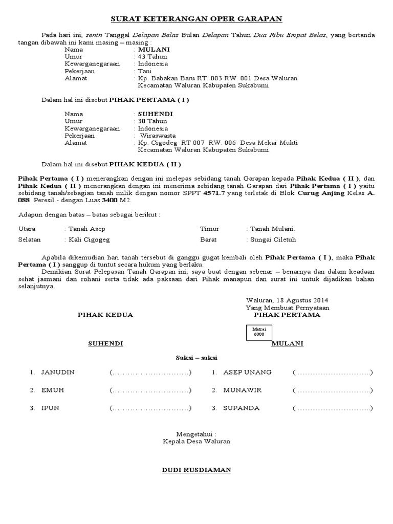 Surat Pelepasan Garapan | PDF
