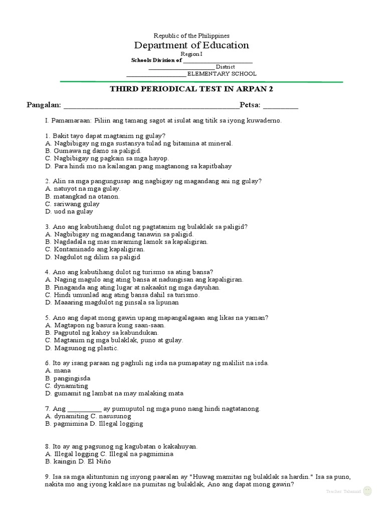 Department of Education: Third Periodical Test in Arpan 2 | PDF