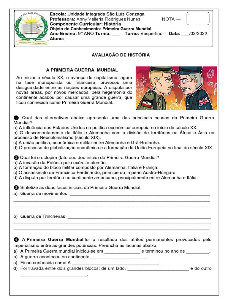 AVALIAÇÃO DE HISTÓRIA. 9 Ano | PDF | Primeira Guerra Mundial | Aliados ...