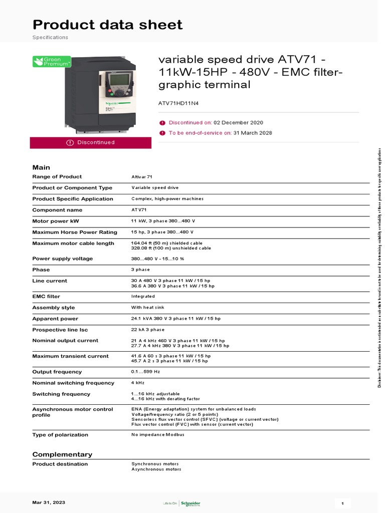 Product Data Sheet: Variable Speed Drive ATV71 - 11kW-15HP - 480V - EMC ...