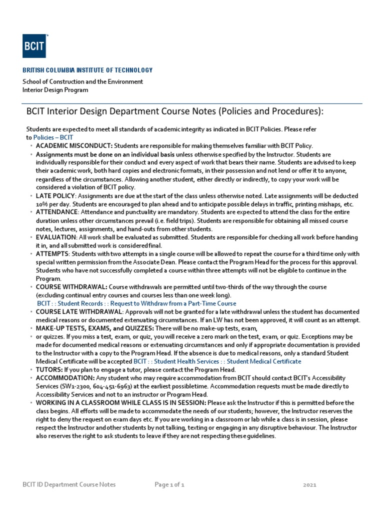 BCIT Interior Design Department Course Policies - 2021 | PDF | Quiz