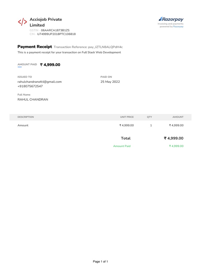 Payment Receipt for Web Dev Course | PDF