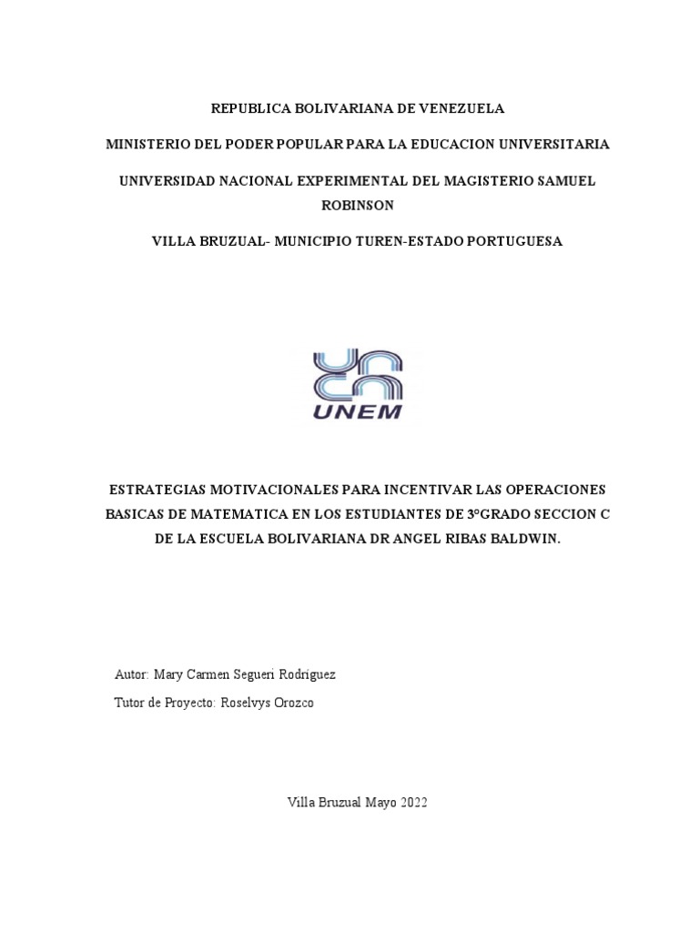 Proyecto de Matematica UNEMSR. MaryC | PDF | Enseñando | Aprendizaje