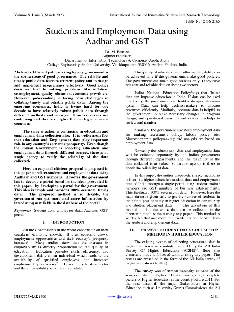 Students and Employment Data Using Aadhar and GST | PDF | Economies