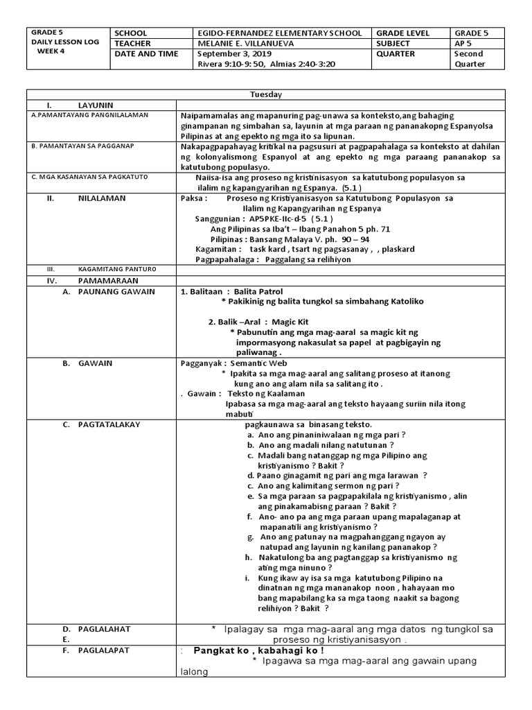Grade 5 Daily Lesson Log Week 4: A.Pamantayang Pangnilalaman | PDF