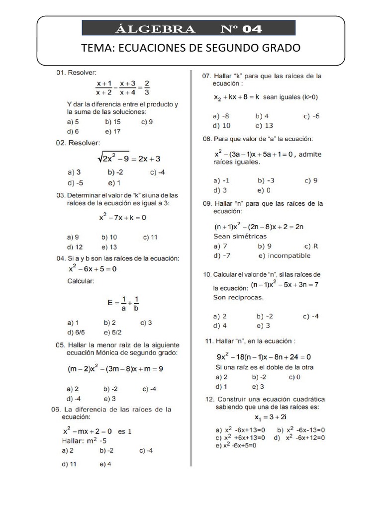 Ficha Ecuaciones de Segundo Grado | PDF