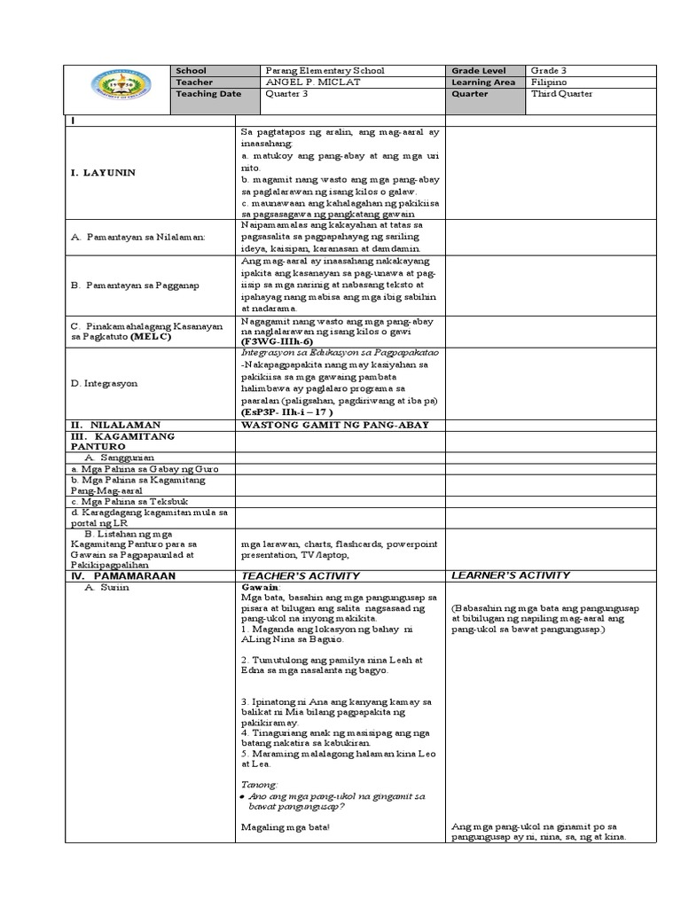 Filipino 3 - Q3 - DLP for CO - Wastong Gamit ng Pang-abay | PDF
