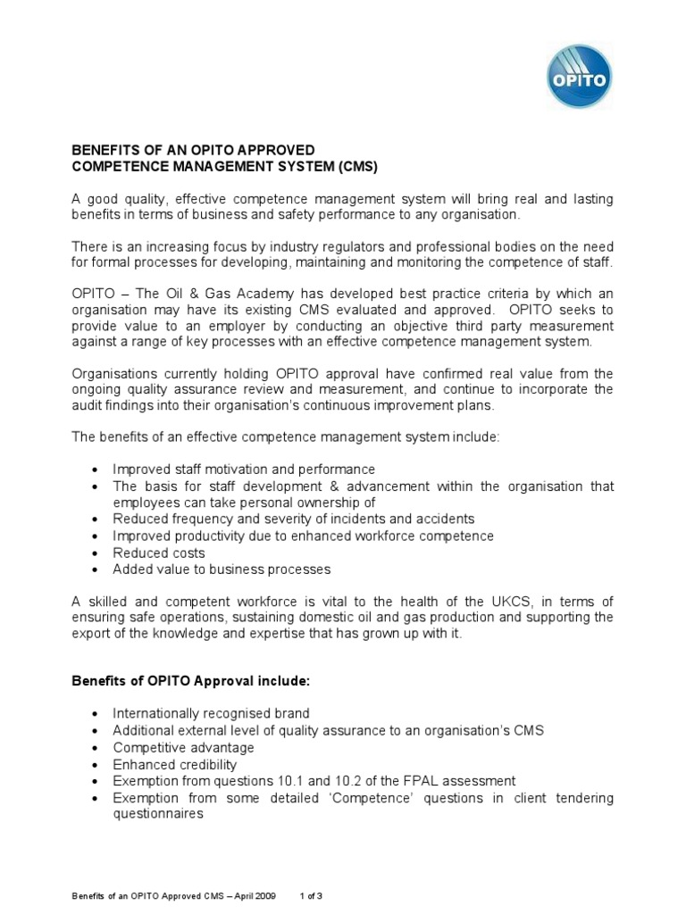 Benefits OPITO Approved CMS | PDF | Competence (Human Resources) | Audit