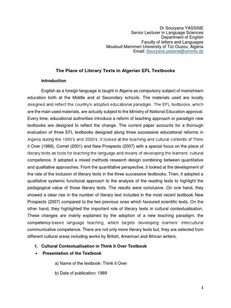 The Place of Literary Texts in Algerian EFL Textbooks: Souryana ...