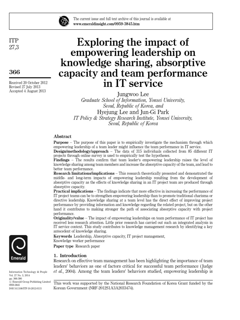 Exploring The Impact Of Empowering Leadership On Knowledge Sharing