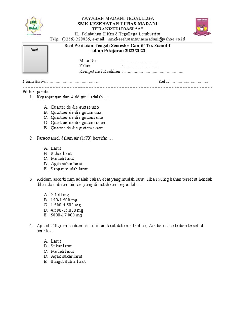 Soal PTS Ilmu Resep KLS X | PDF