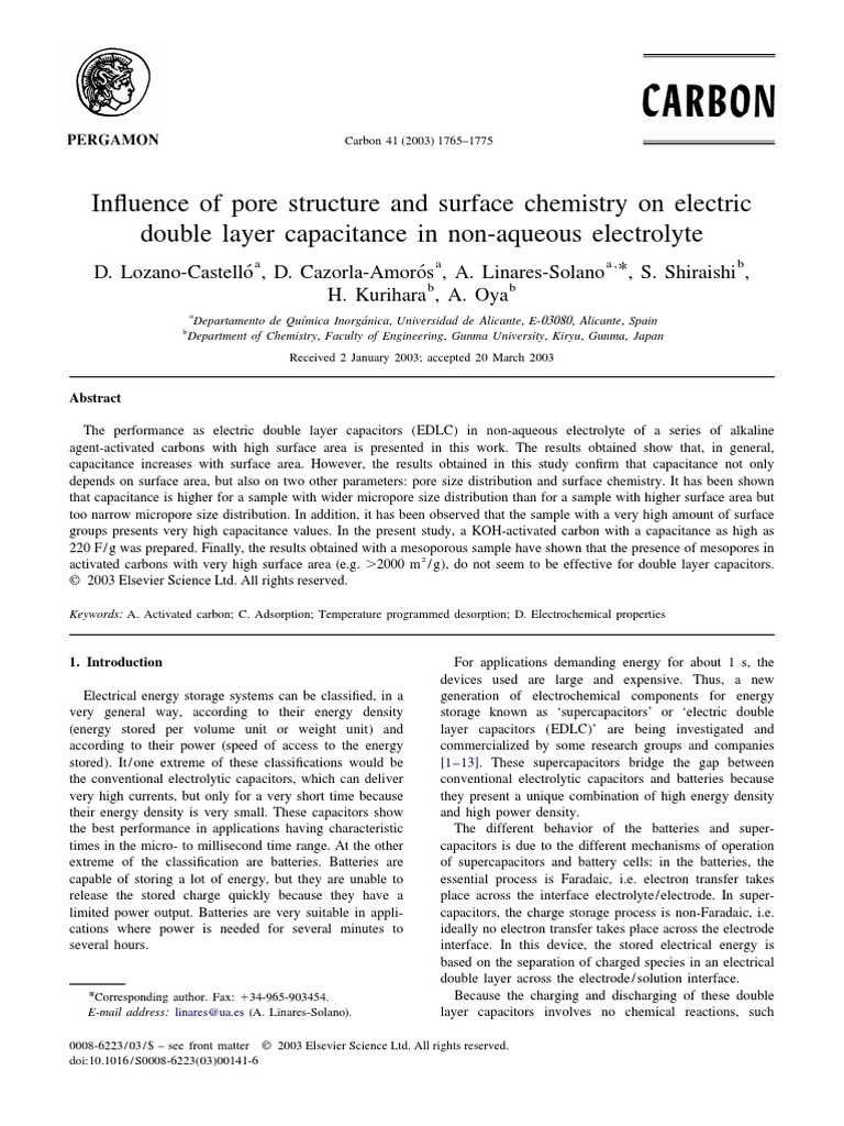 I Nfluence Of Pore Structure And Surface Chemistry On Electric Double Layer Capacitance In Non
