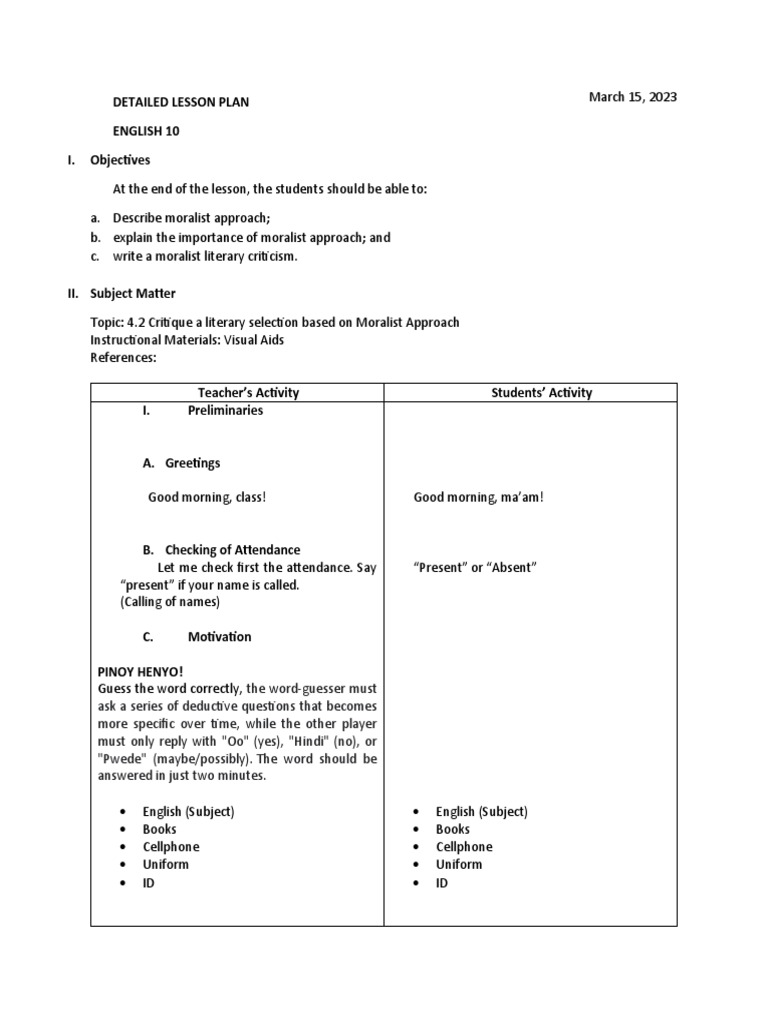 Moralist Approach Detailed Lesson Plan | PDF | The Little Prince ...
