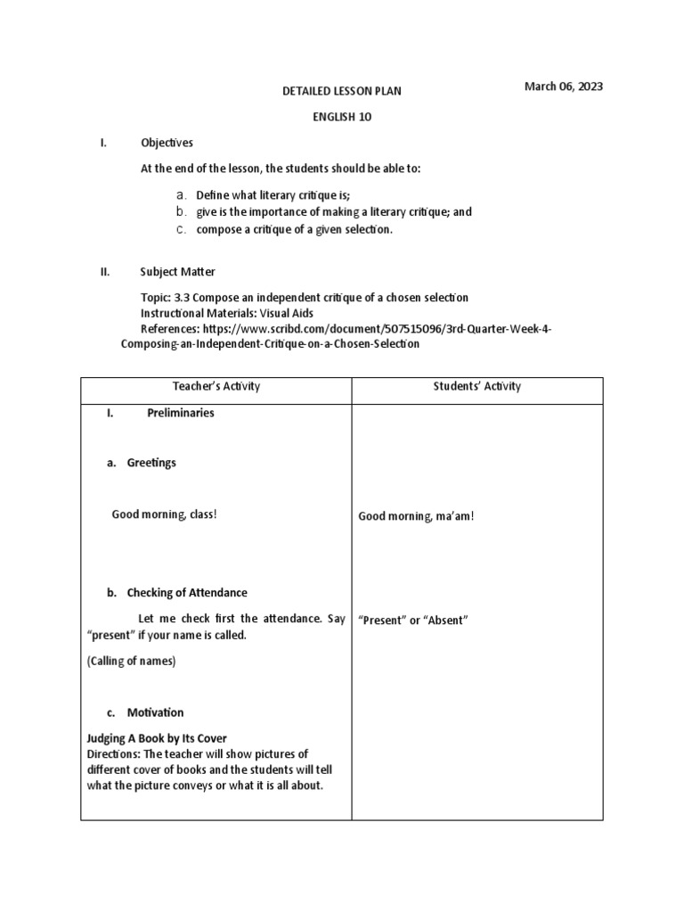 Detailed Lesson Plan in Critique | PDF | Evaluation | Critical Thinking