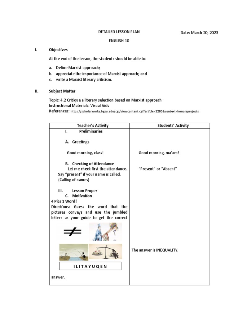 DETAILED LESSON PLAN Marxist Approach | PDF | Marxism | Karl Marx