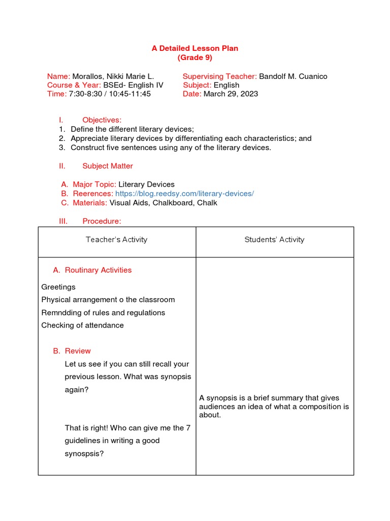 A Detailed Lesson Plan in Grade 9 English | PDF | Metaphor | Rhetorical ...