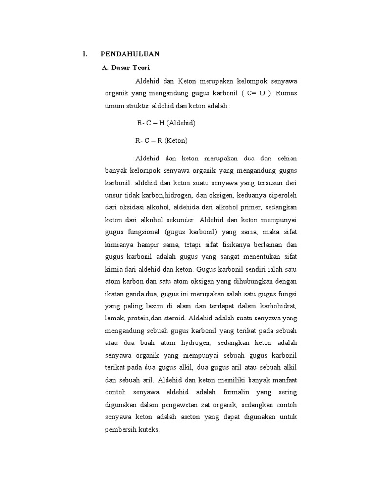 Pendahuluan Identifikasi Gugus Fungsi Karbonil Pada Aldehid Dan Keton | PDF