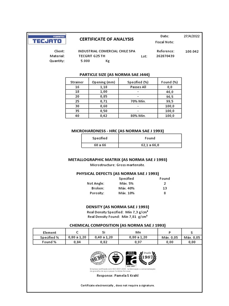 Quality Certificate G25 TH - 262870439 Brasil-2022 | PDF | Physics ...