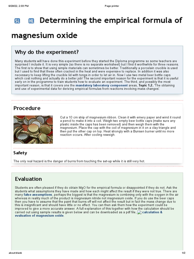 Empirical Formula of Magnesium Oxide | PDF | Magnesium | Experiment