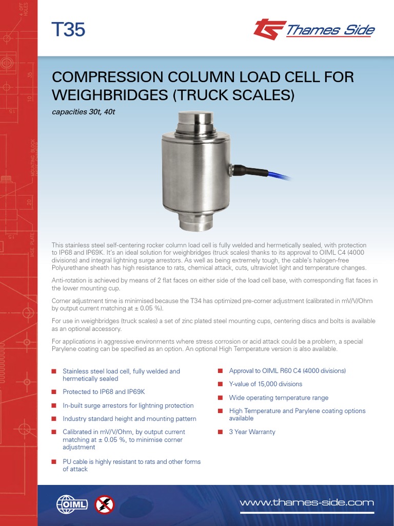 Thames Side T35 Weighbridge Load Cell Data Sheet | PDF | Manufactured ...