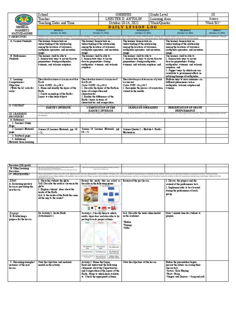 DLL in Science 10 (Week 8) | PDF | Learning | Earth