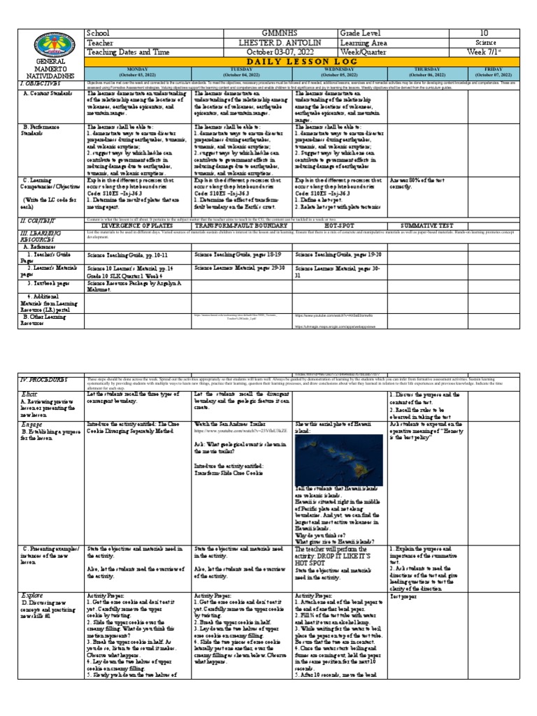 DLL in Science 10 (Week 7) | PDF | Plate Tectonics | Learning