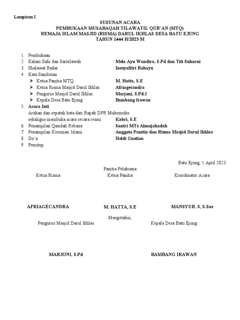 Susunan Acara Pembukaan MTQ | PDF