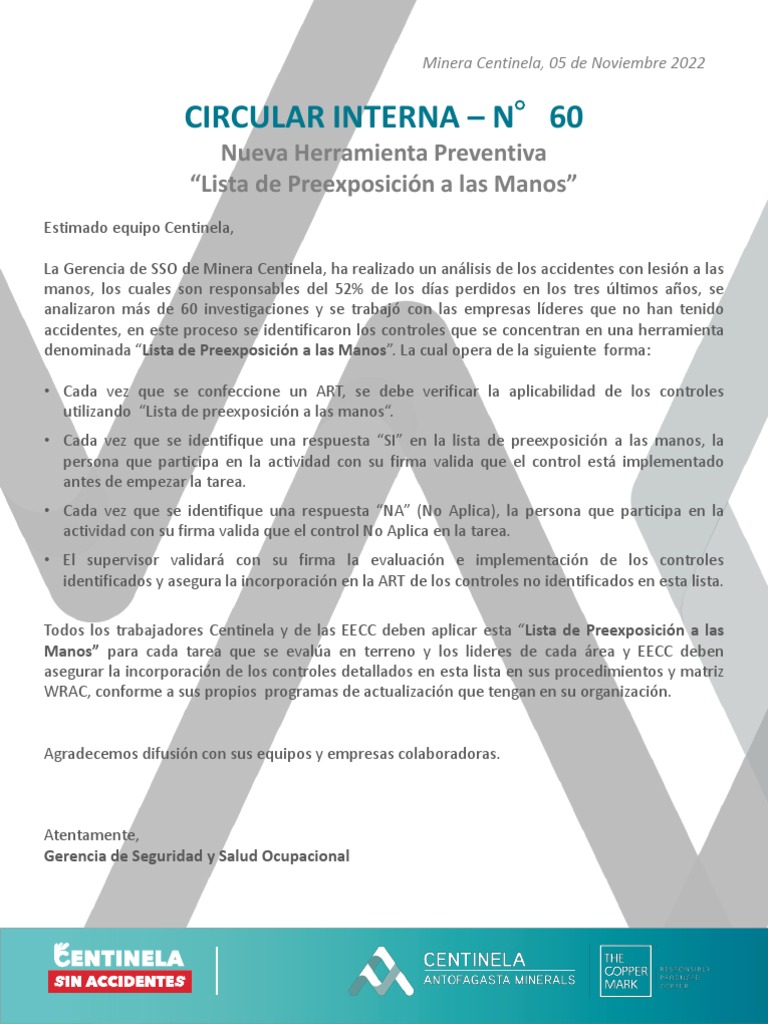Circular Interna - N°60: Nueva Herramienta Preventiva "Lista de Preexposición A Las Manos" | PDF