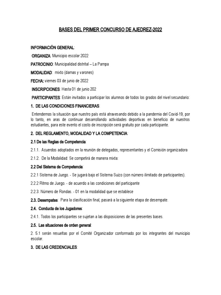 Bases Del Primer Concurso de Ajedrez | PDF