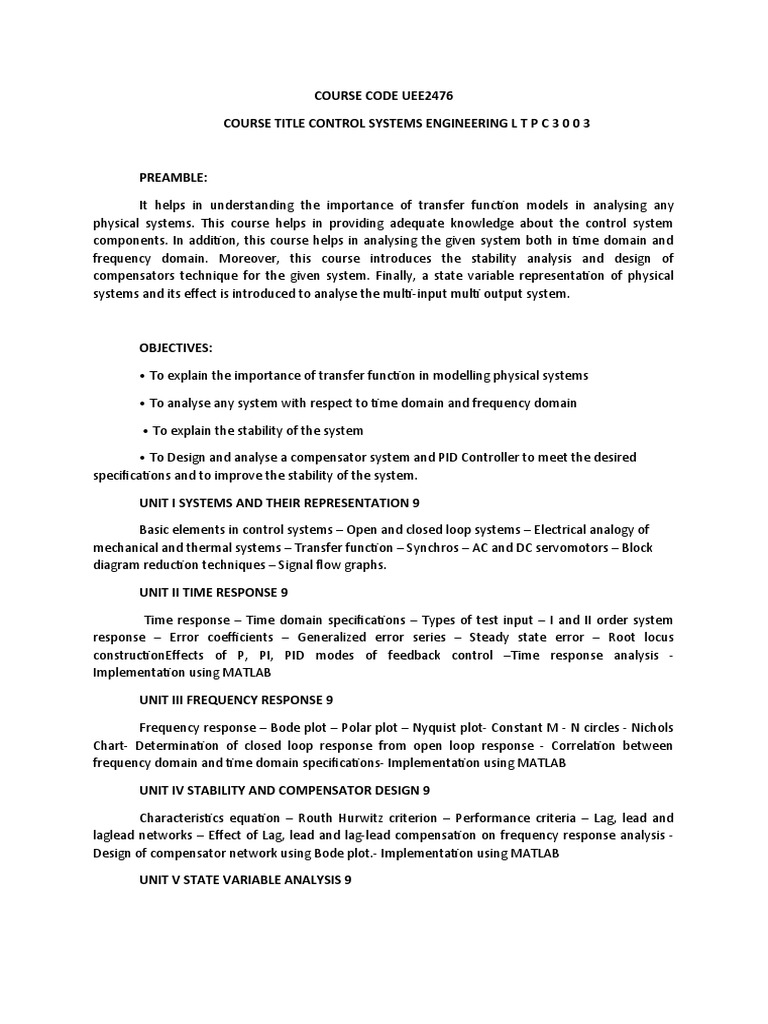 UEE2476 CSE Syllabus | PDF | Control Theory | Systems Engineering